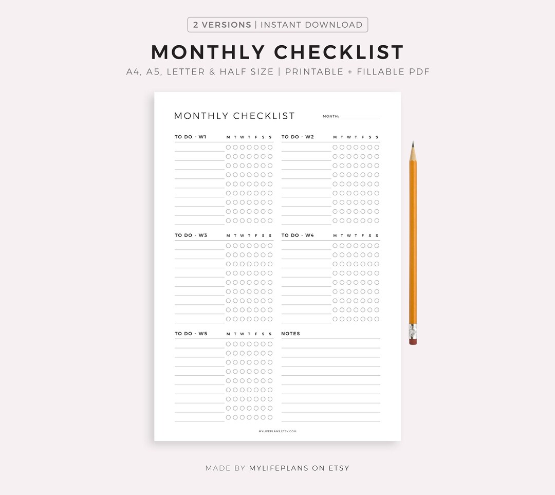 Monthly Checklist Printable & Fillable, Monthly to Do List Template ...