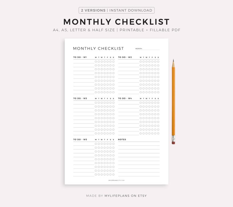 Monthly Checklist Printable & Fillable, Monthly to Do List Template ...