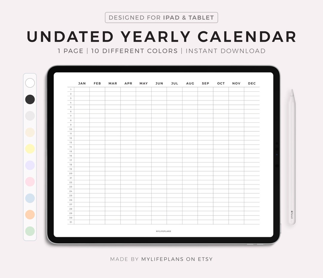Undated Year Calendar Digital Template, Year at a Glance, Year on One ...