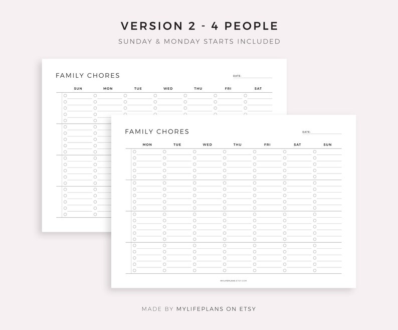 Family Chore Chart Printable Landscape, Weekly Household Chores for ...