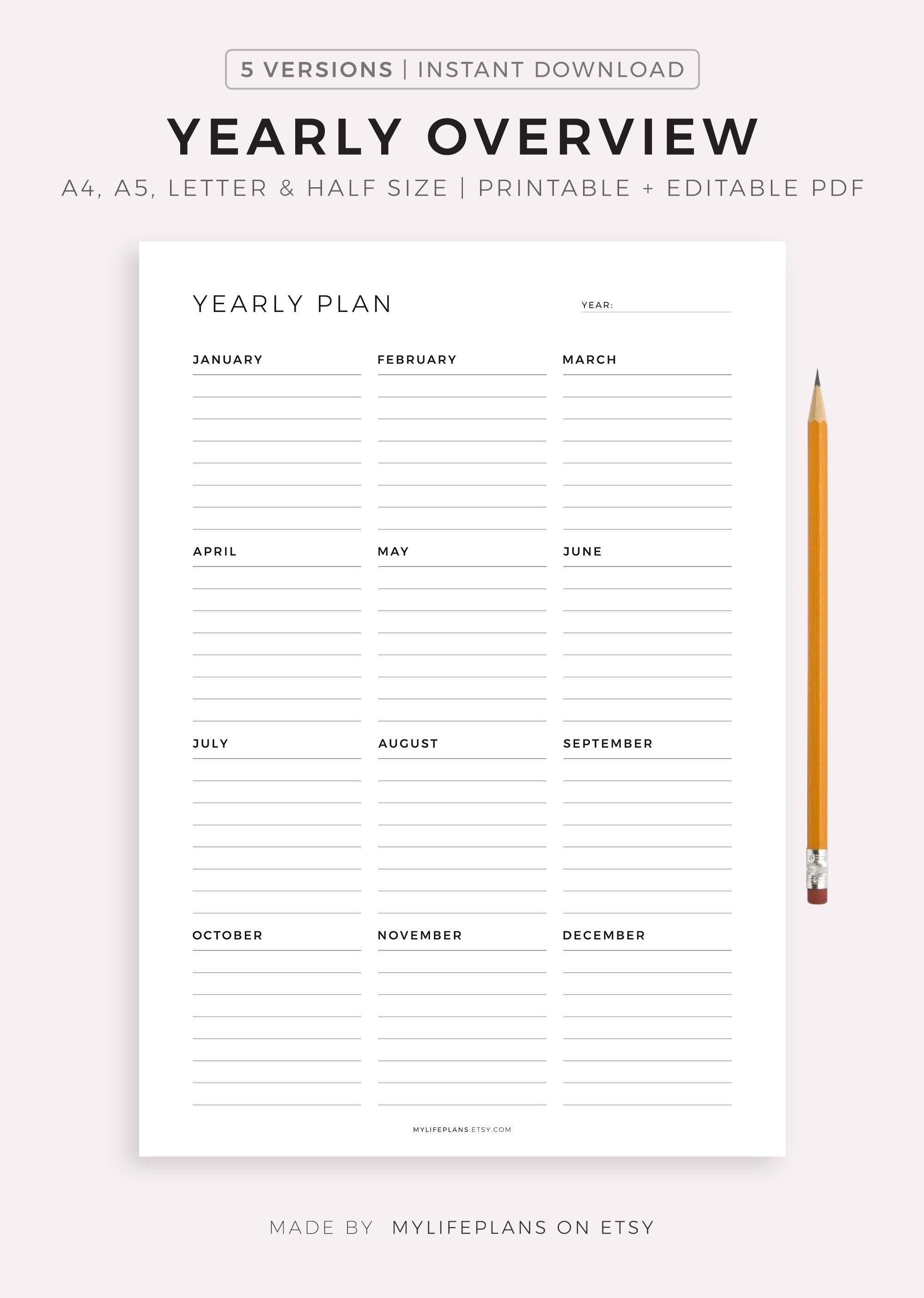 Yearly Overview Printable Yearly Planner on One Page Year At | Etsy