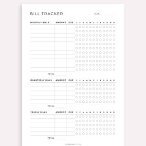 Monthly, Quartly, Yearly Bill Tracker on One Page Printable, Bill ...