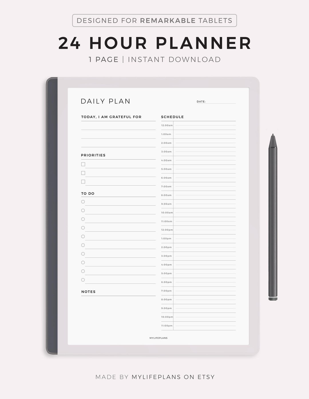 24 Hour Daily Planner for Remarkable 2, Daily to Do List for Work ...