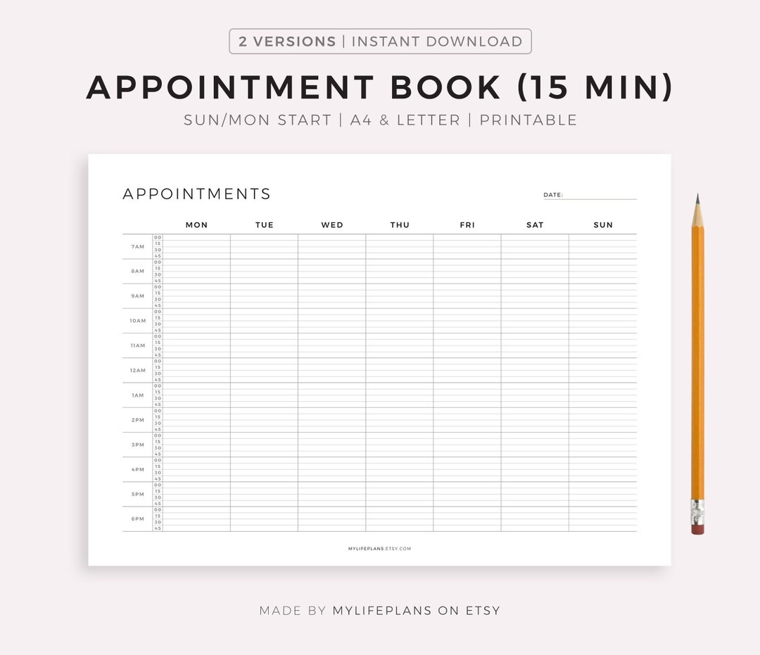 Appointment Book 15 Minute Intervals Landscape, Appointment Reminder ...
