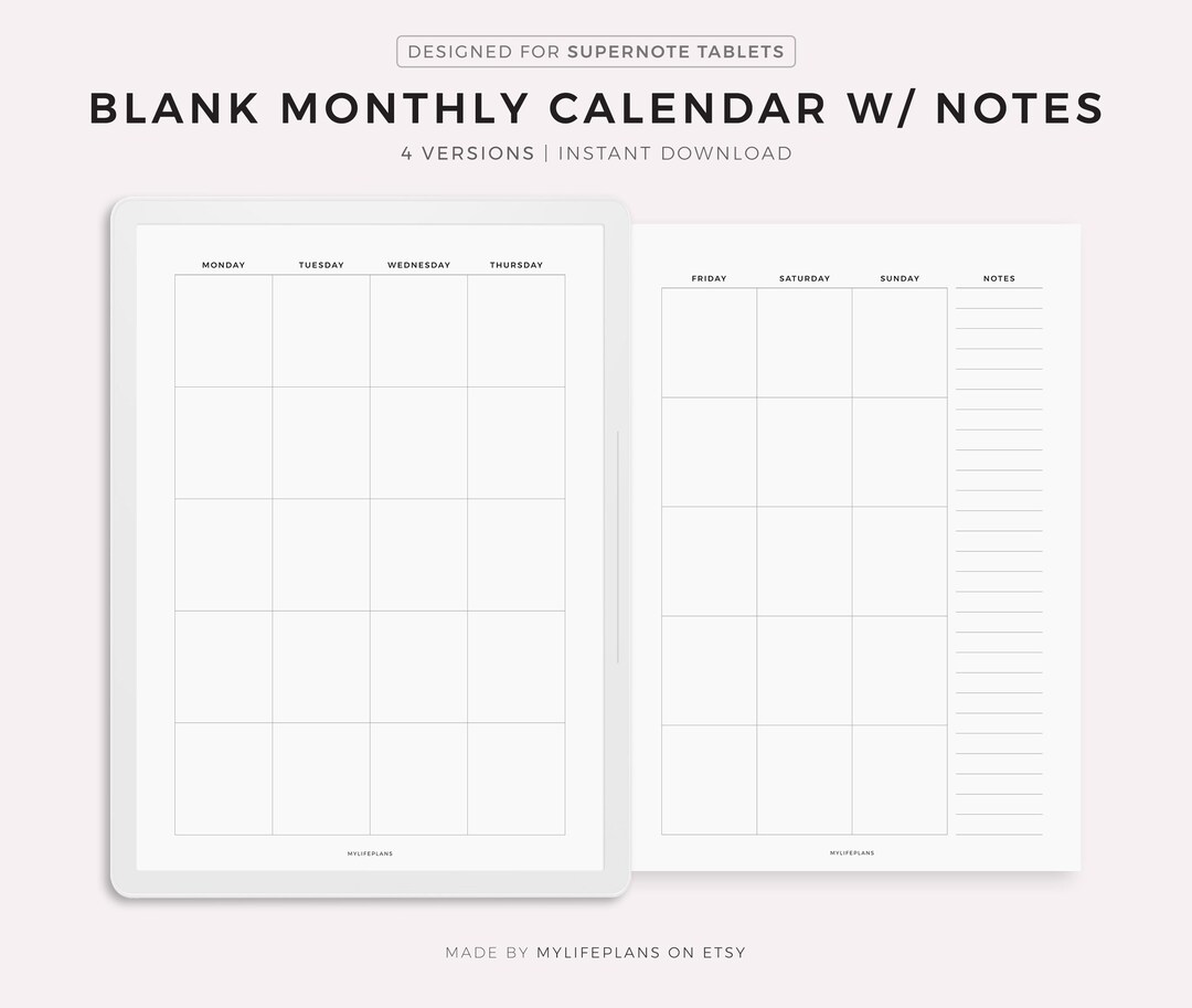 Blank Monthly Calendar With Notes, 2 Page Calendar Template, Compatible ...