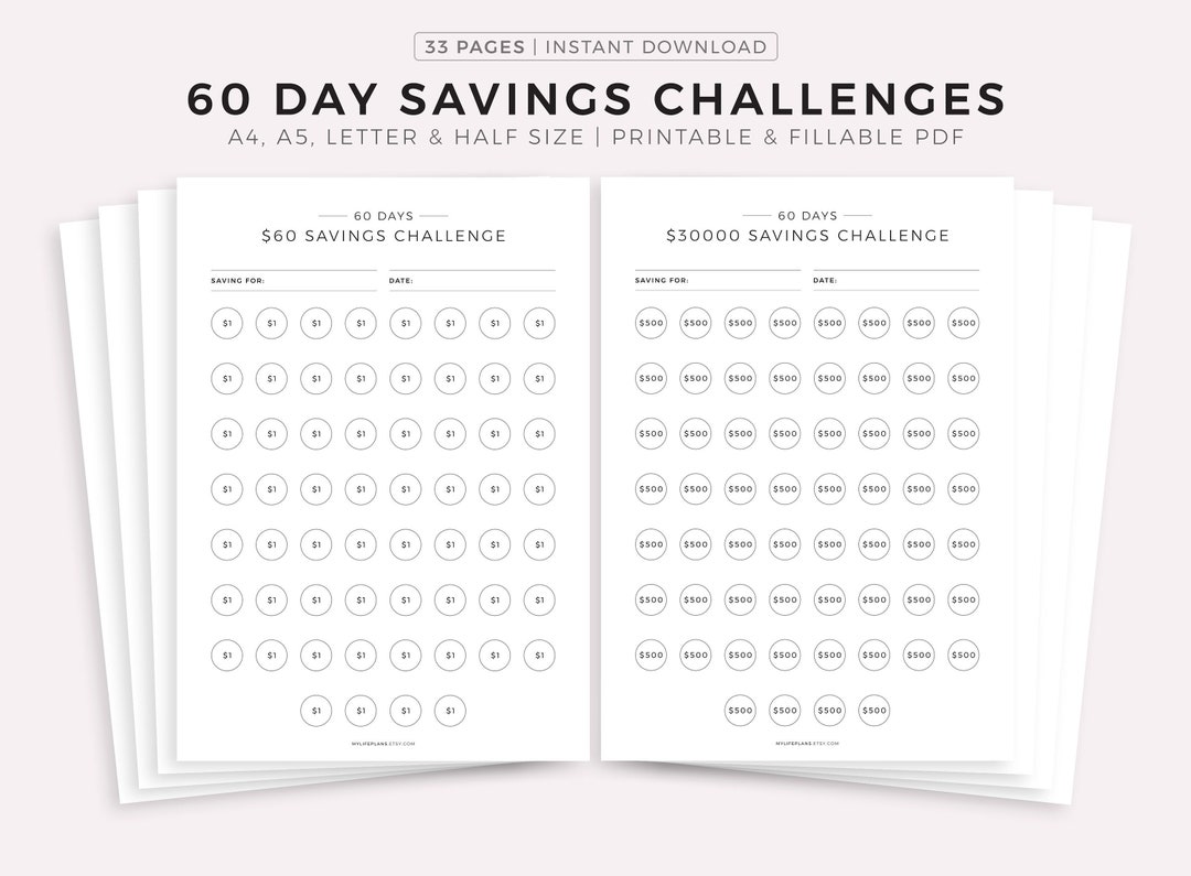 60 Day Money Saving Challenges Printable & Fillable PDF, Savings ...