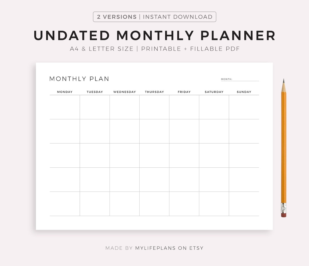 Undated Monthly Planner Printable Landscape, Monday & Sunday Start, Ink ...