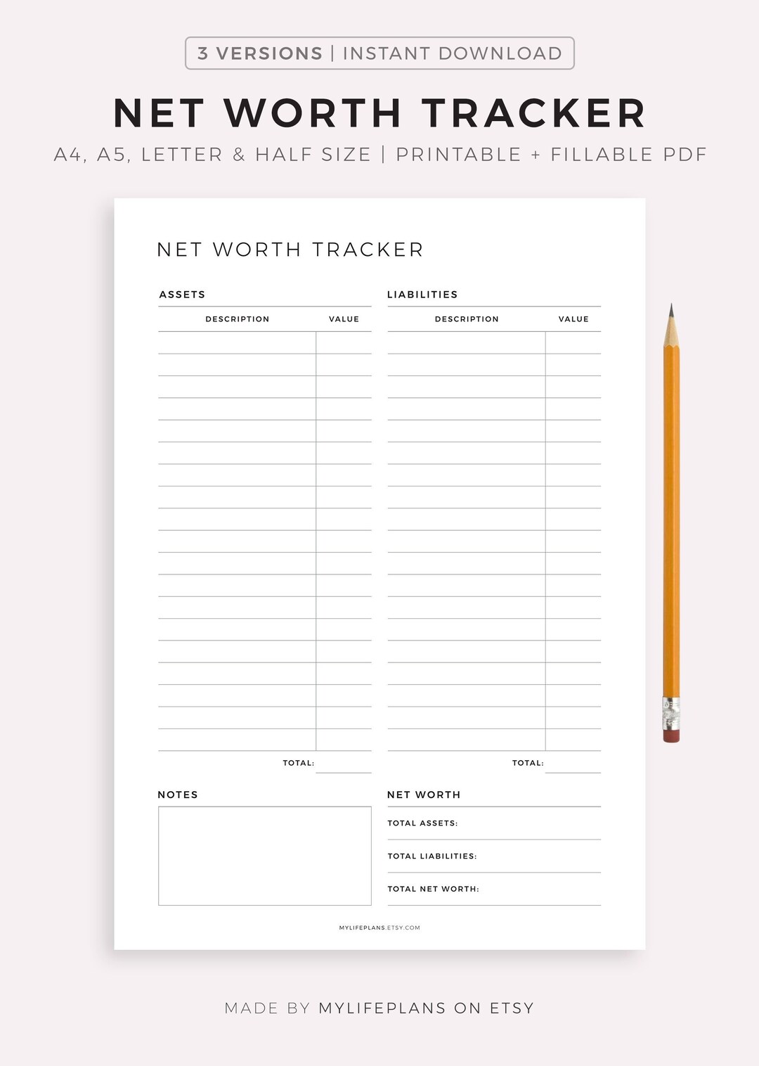 Net Worth Tracker Printable, Asset and Liability Balance Sheet ...