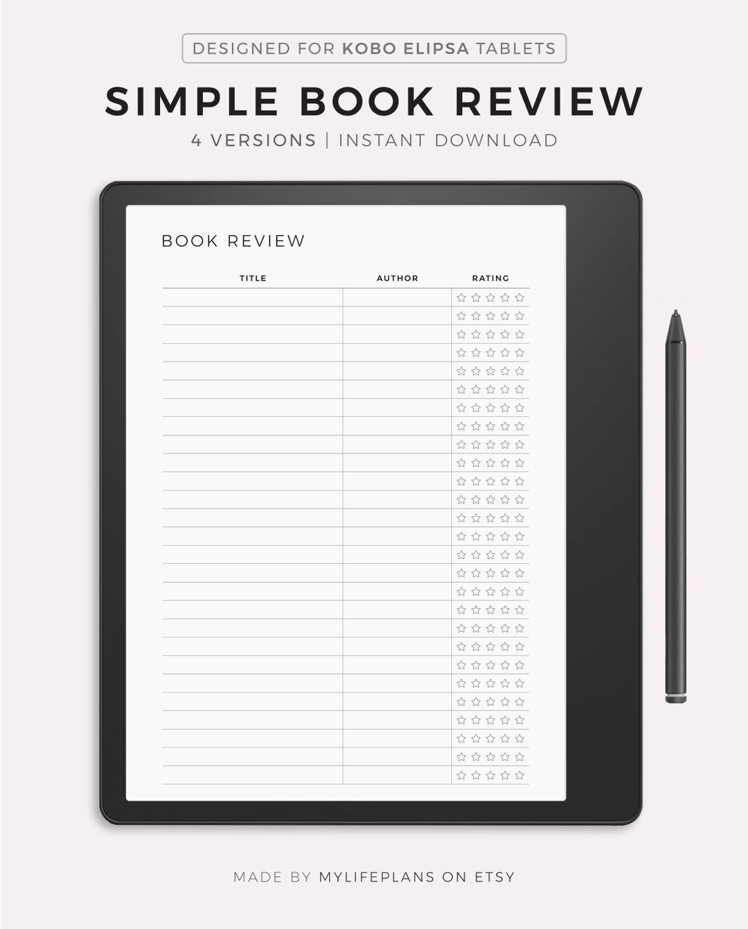 Simple Book Review Template for Kobo Elipsa 2e / 1, Book Log and Review ...