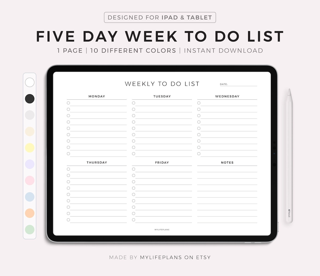 Five Day Week to Do List Digital Planner Landscape, Weekly Task List ...