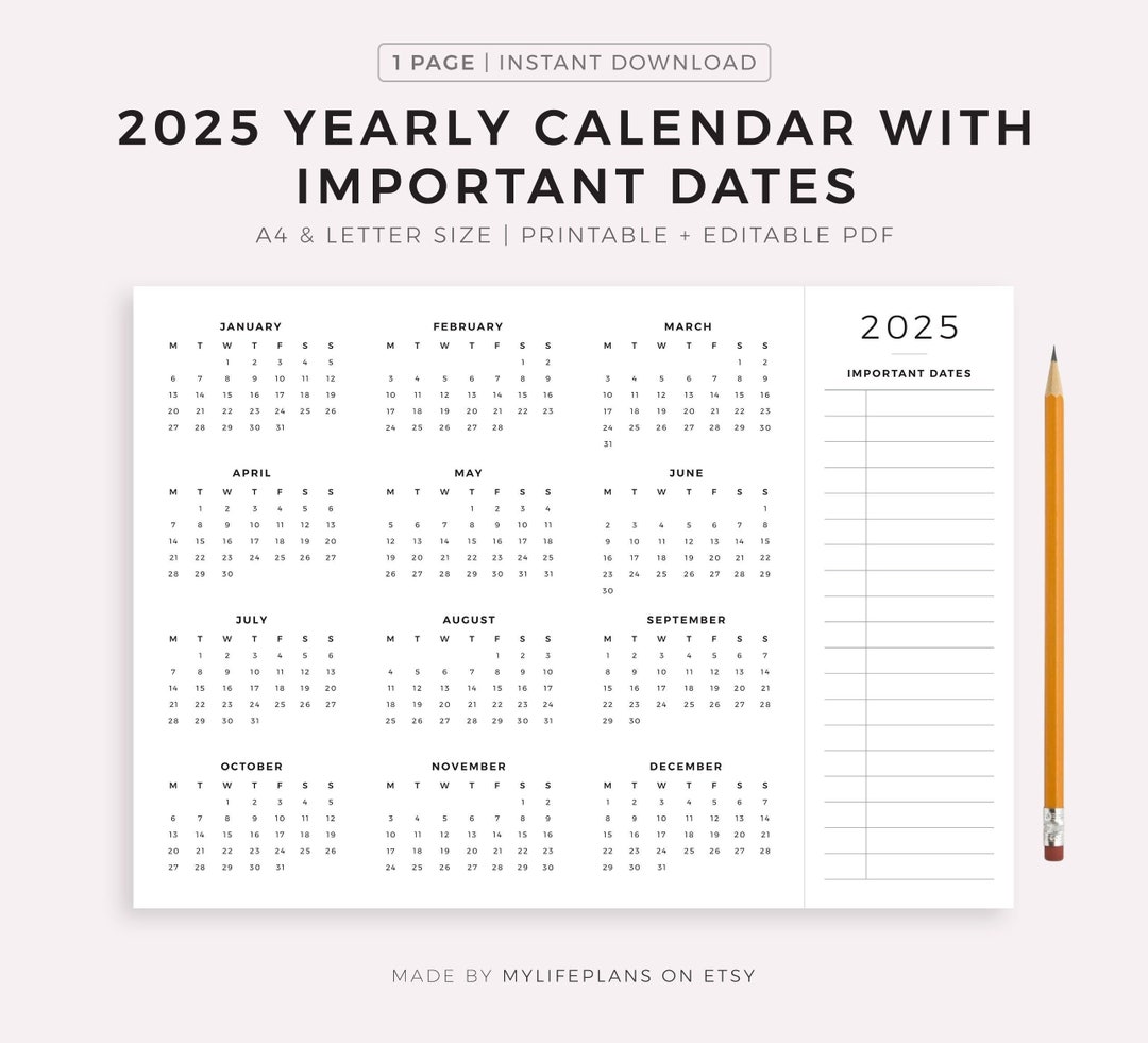 2025 Calendar With Important Dates, Year Calendar on One Page, Desk ...