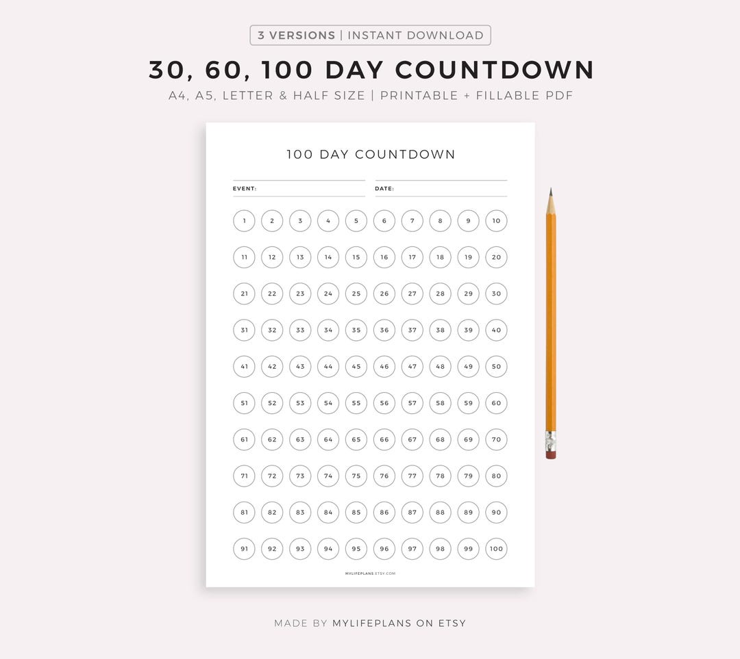 30, 60, 100 Day Countdown Tracker to Vacation, Birthday, Wedding, New ...