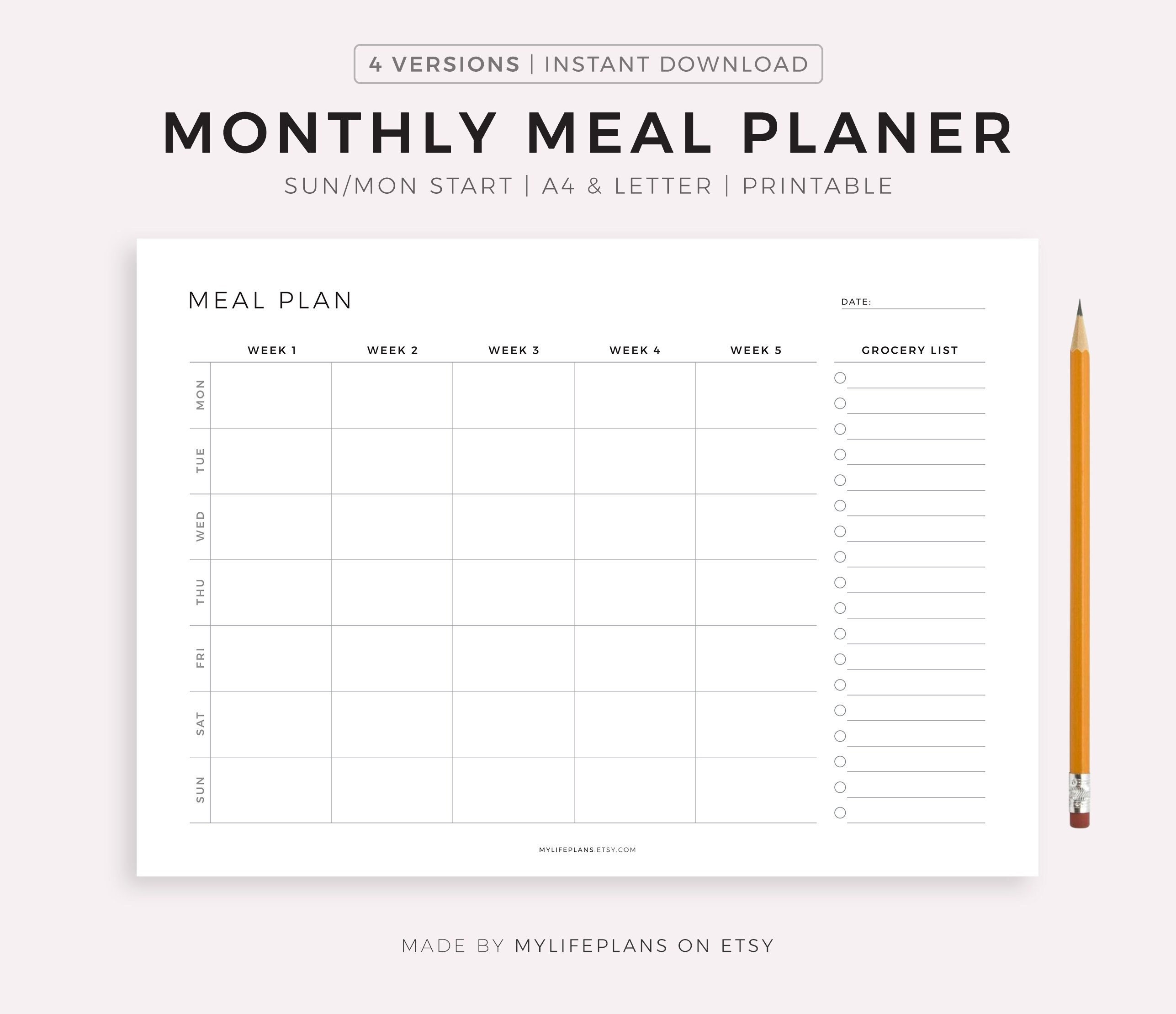 Monthly Meal Planner Printable Landscape 30 Day Menu Planner - Etsy