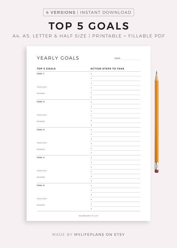 Top 5 Goals Yearly Goals Quarterly Goals Monthly Goals - Etsy