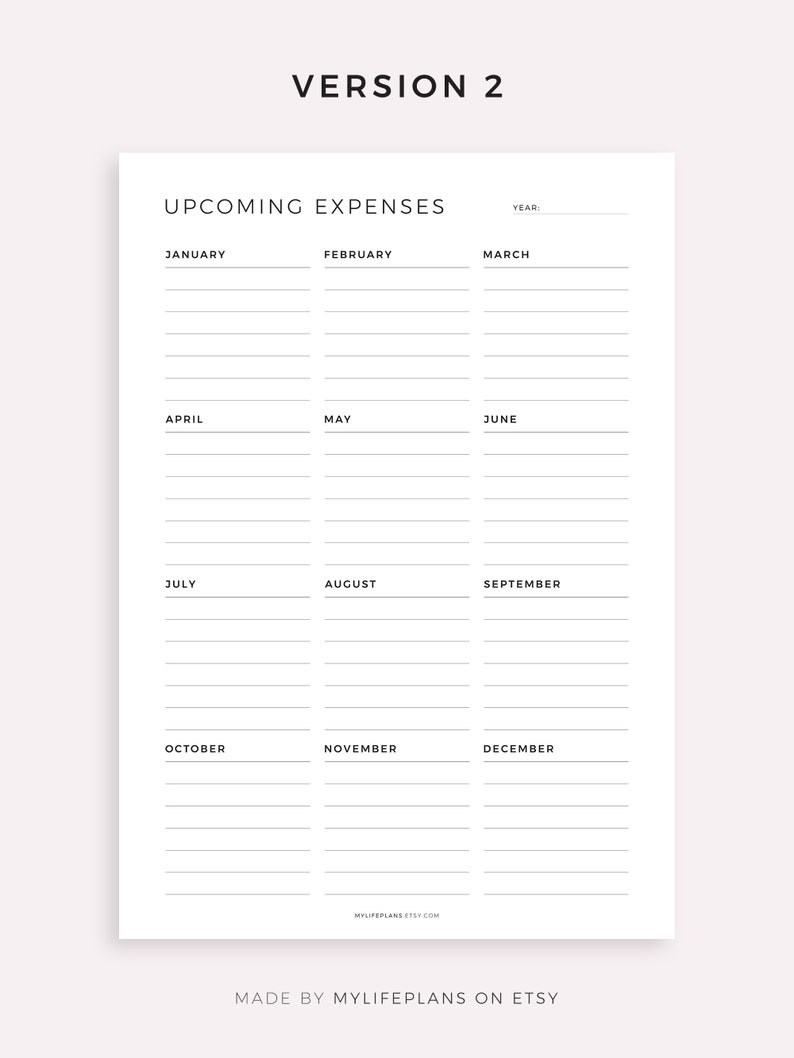 Upcoming Expenses Printable, Yearly Spending Overview, Budget Plan, A4 ...