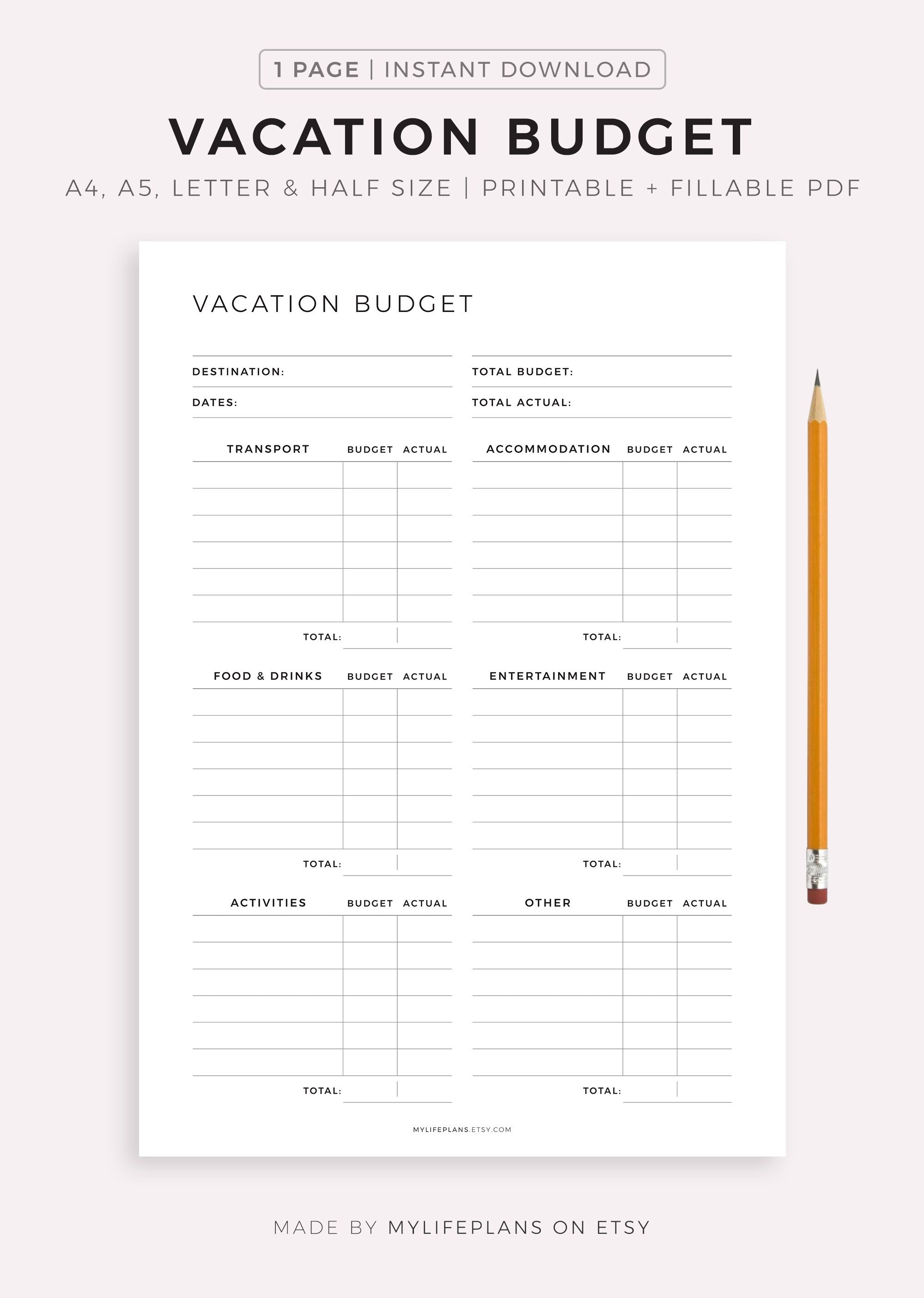 Vacation Budget Planner Printable Travel Spending Worksheet - Etsy UK