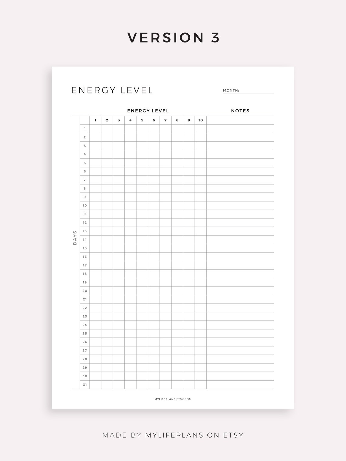 Daily Energy Level Tracker Printable, Track Monthly Energy Levels ...