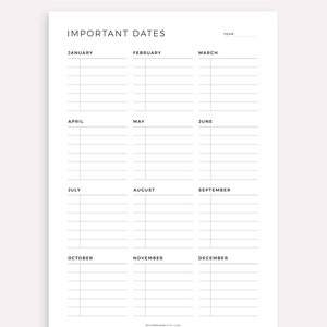 Yearly Important Dates Printable - Birthdays, Anniversaries, Travels ...