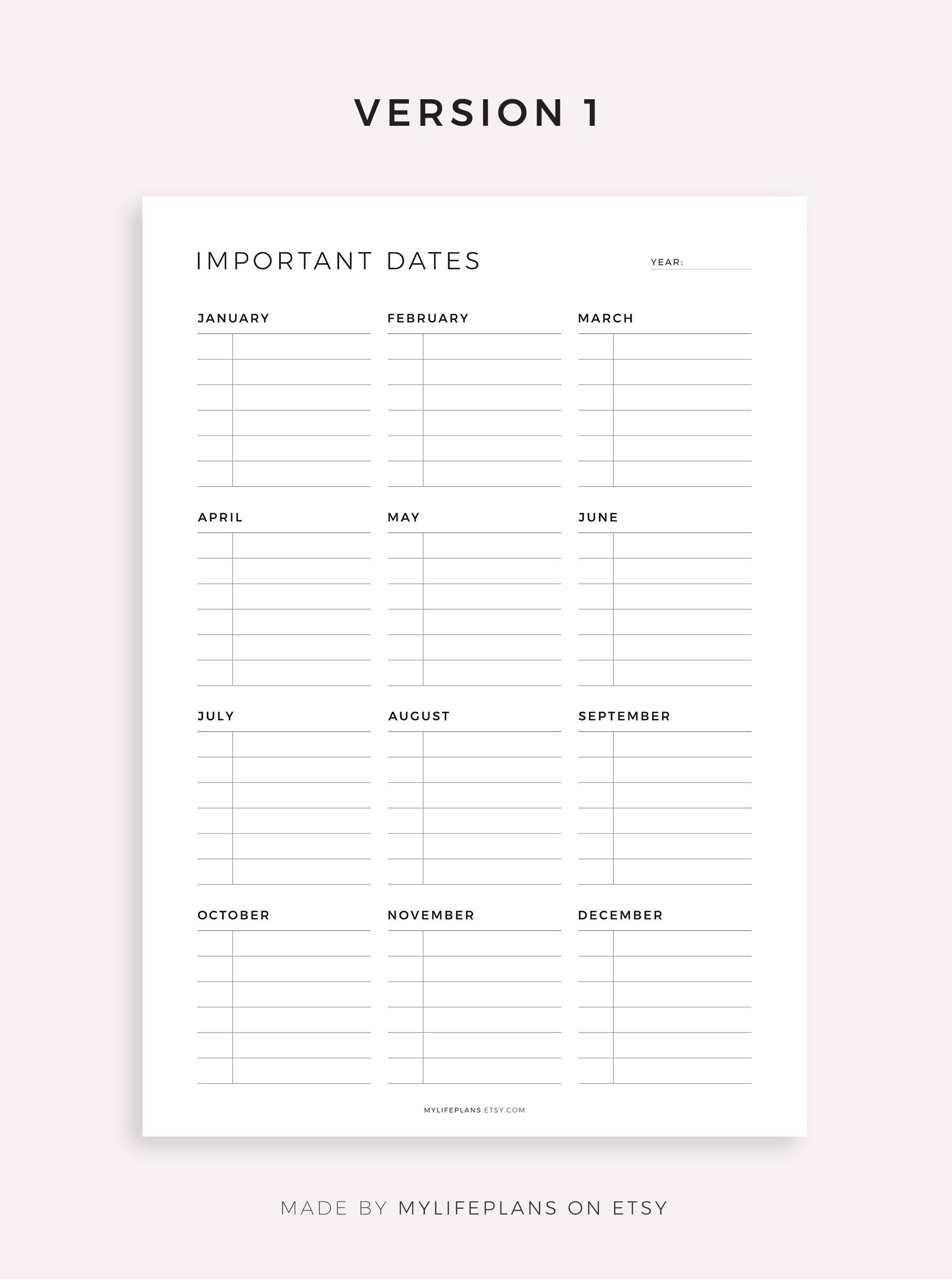 Yearly Important Dates Printable - Birthdays, Anniversaries, Travels ...