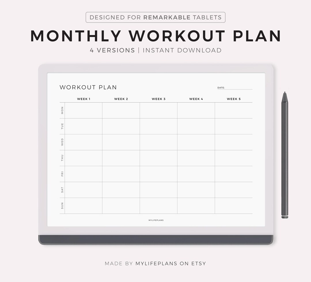 Monthly Workout Planner for Remarkable 2, Landscape, 30 Days Fitness ...