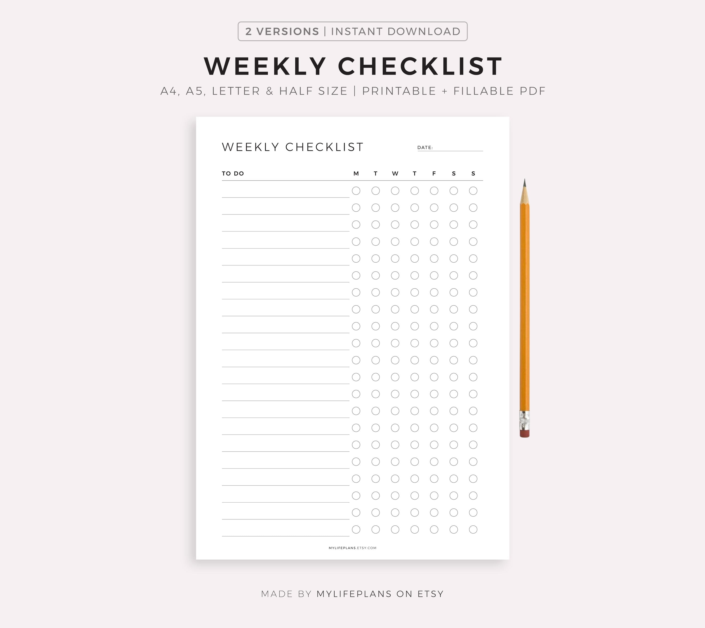 Weekly Checklist Printable & Fillable, Weekly to Do List Template, Task ...