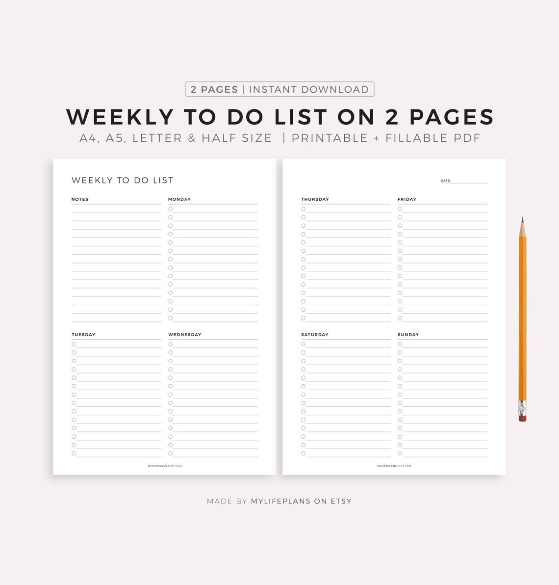 Printable Weekly to Do List on Two Pages, Weekly Task List, Weekly ...