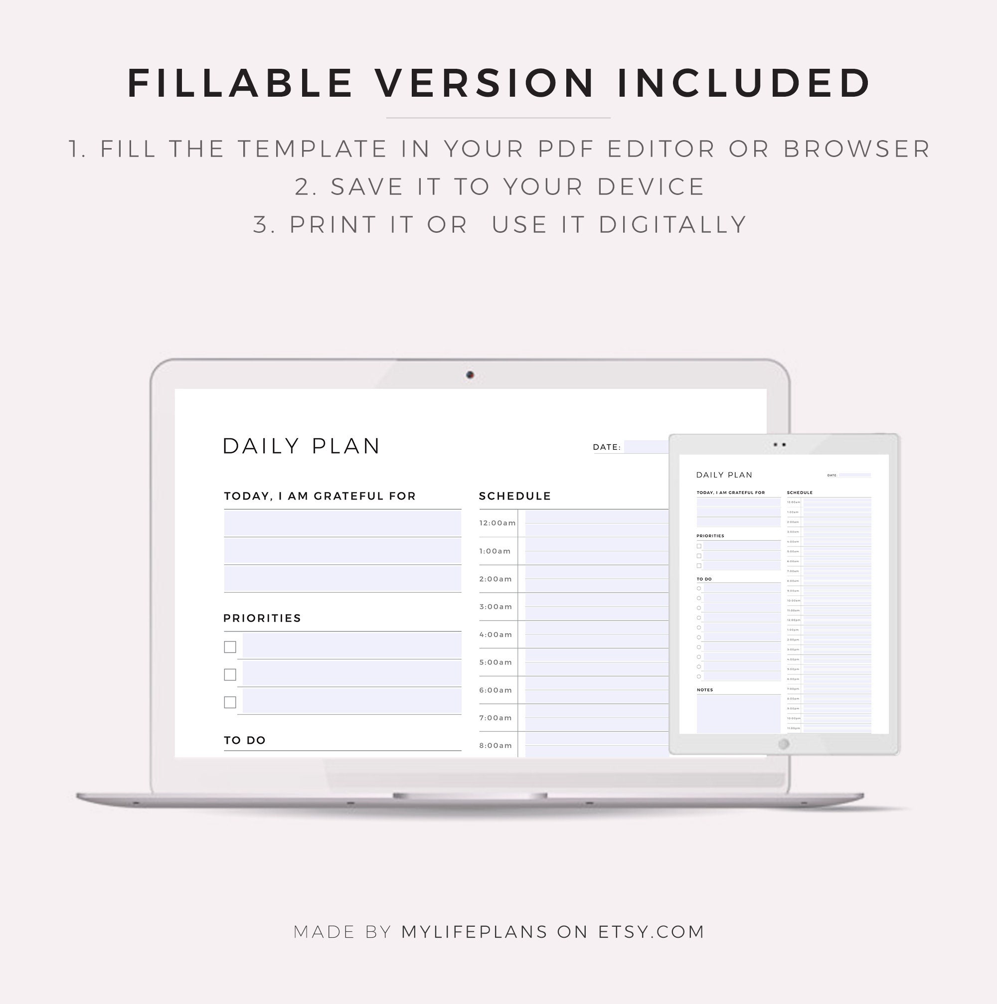 24 Hour Daily Planner Printable, Daily to Do List for Work / Personal ...