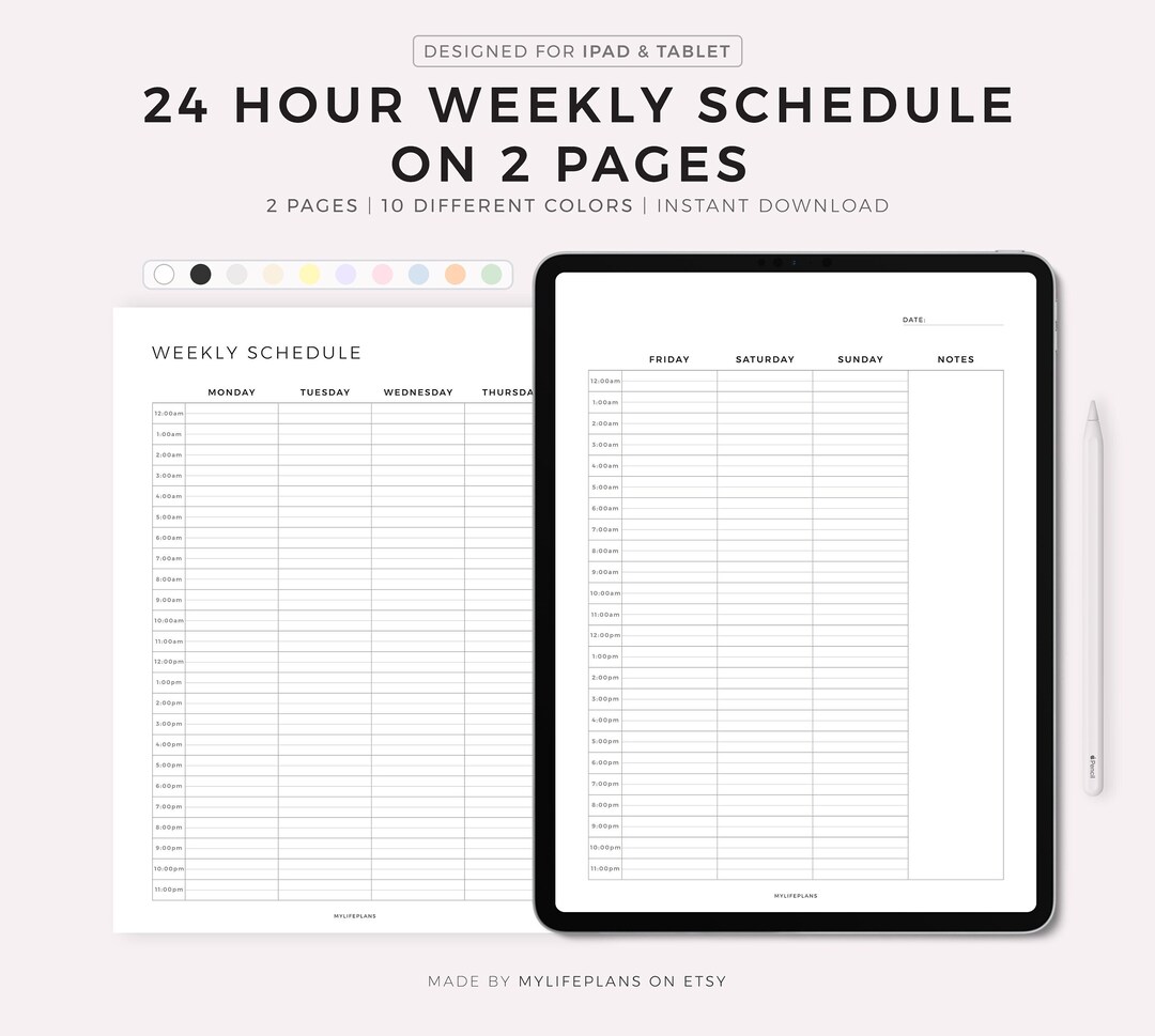 24 Hour Weekly Schedule on 2 Pages, Week at a Glance, Weekly Agenda ...