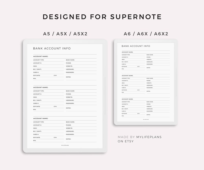 Bank Account Information Tracker for Supernote A5X2/A5X/A5/A6X2/A6X/A6 ...