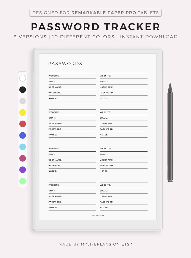 Password Tracker for Remarkable Paper Pro, Instant Download - Etsy