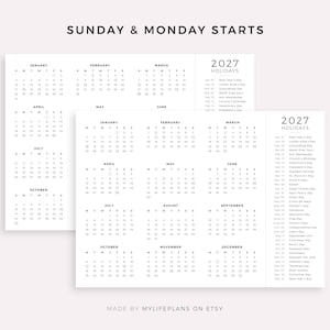 2027 Year Calendar With Holidays on One Page, Printable, Landscape ...