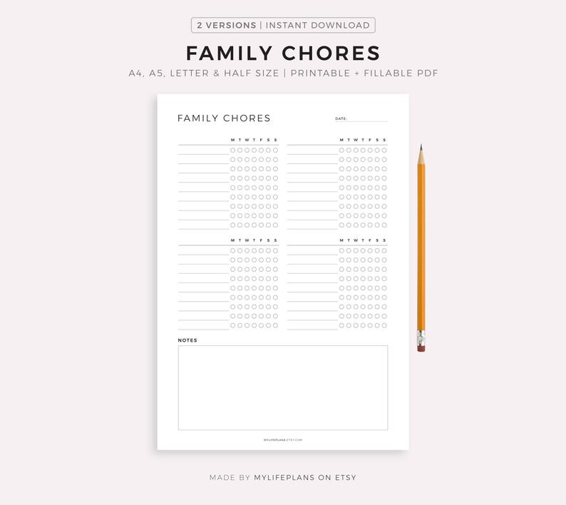 Weekly Family Chores Printable, House Responsibilities 4- 6 People ...