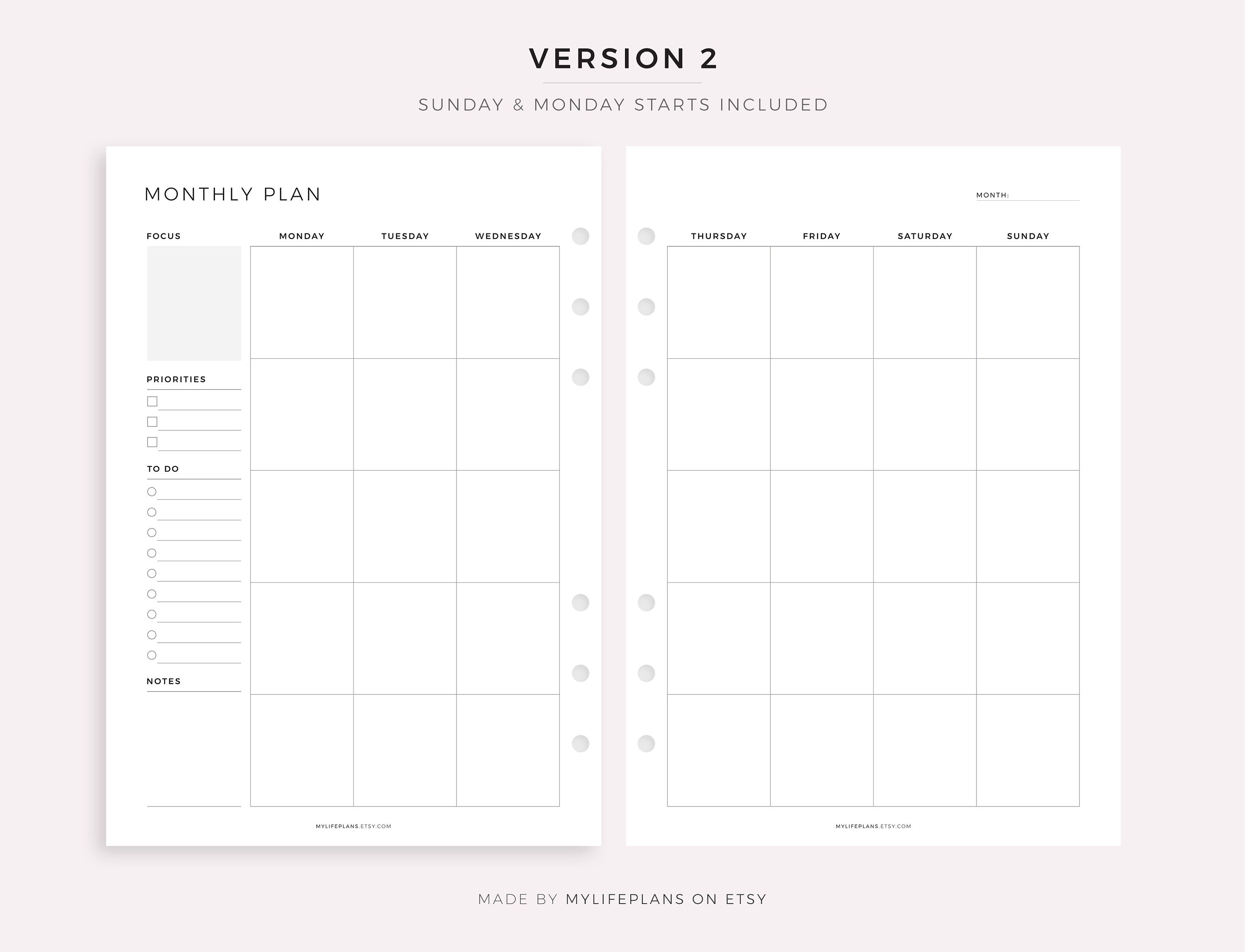 Printable Monthly Planner on Two Pages, Month at a Glance, Monthly ...