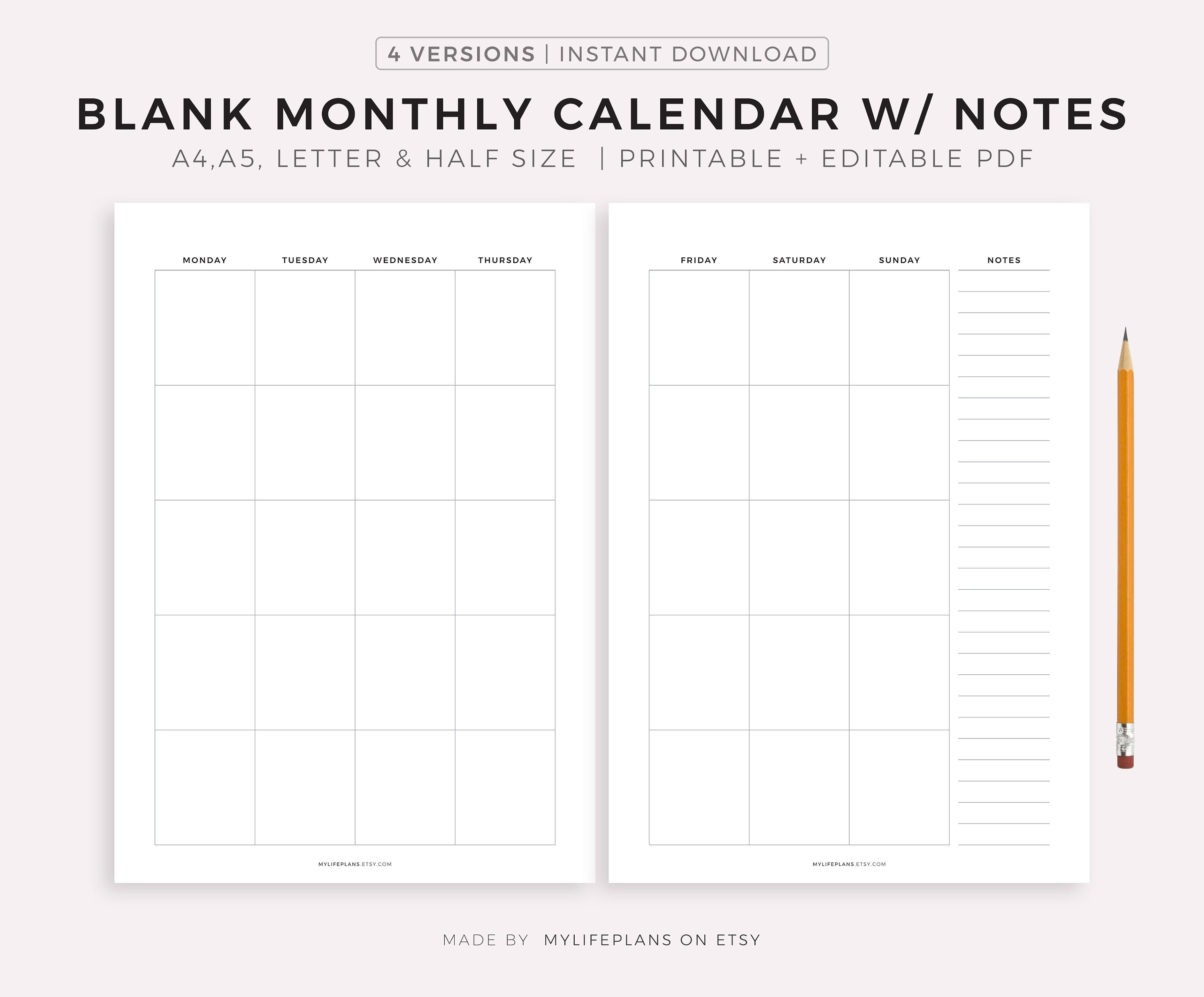 Blank Monthly Calendar with Notes 2 Page Printable Calendar | Etsy