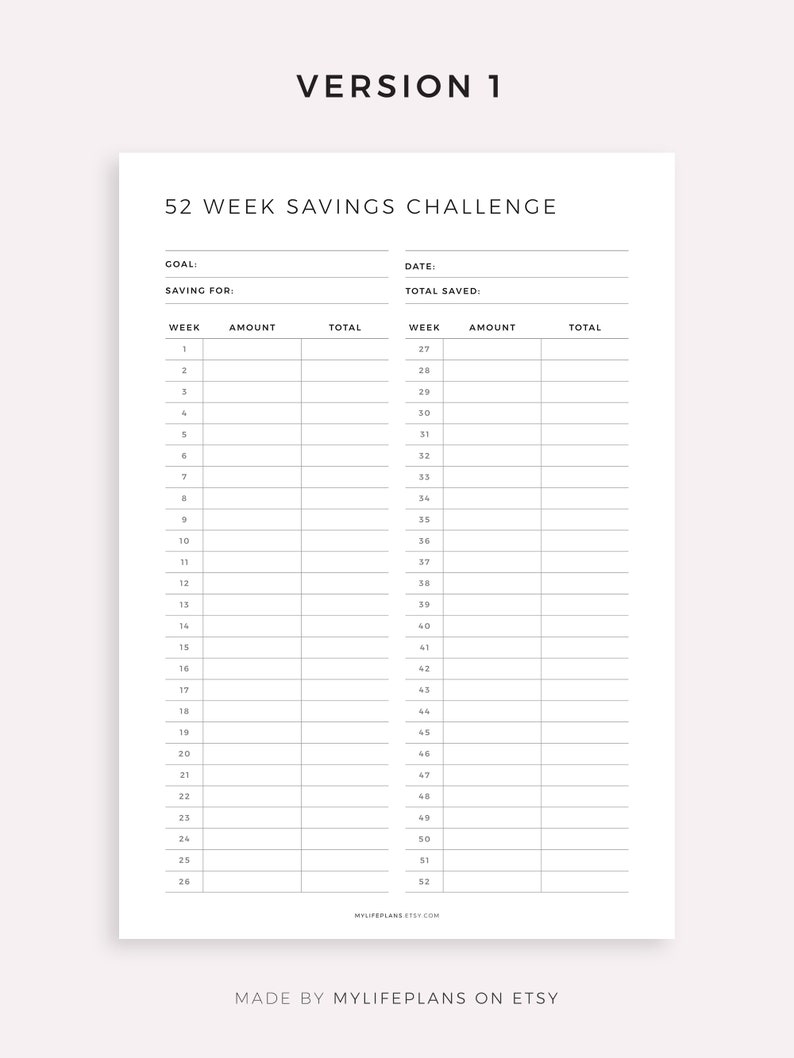 52 Week Savings Challenge Printable, Yearly Saving Plan, Savings ...