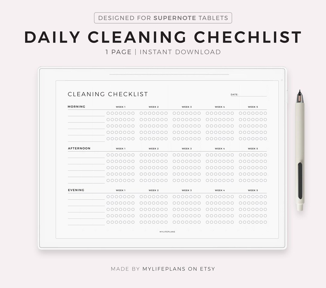 Daily Cleaning Checklist Supernote, Morning Afternoon and Evening ...