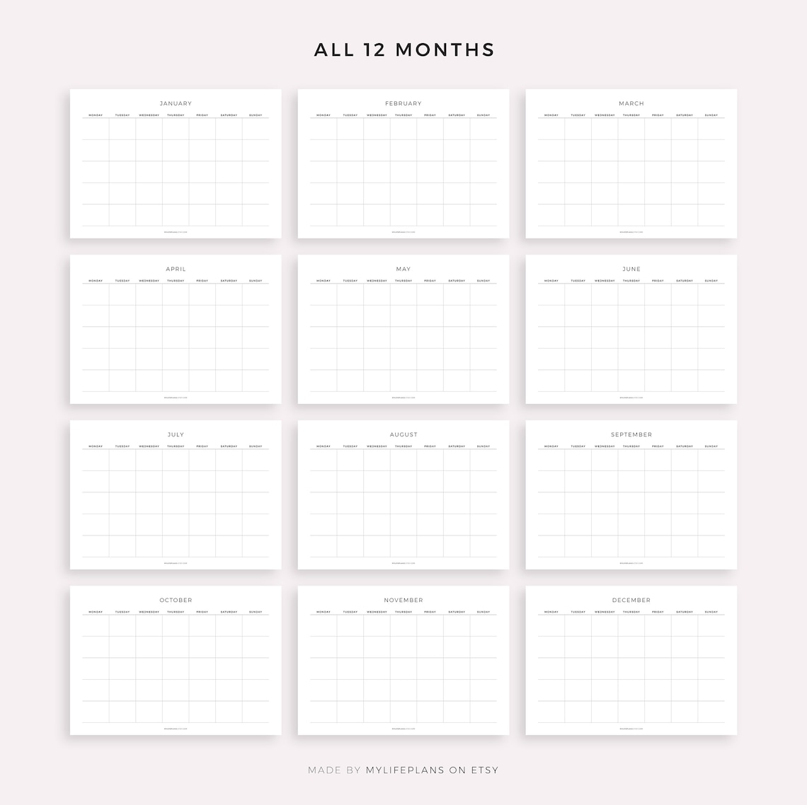 Undated Monthly Calendar Printable Landscape Minimalist | Etsy