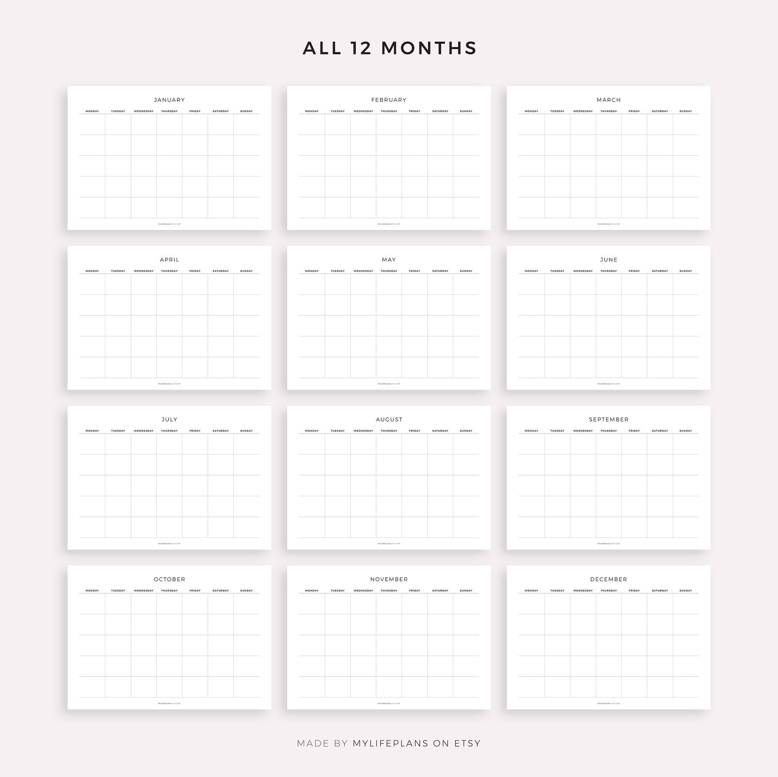 Undated Monthly Calendar Printable Landscape Minimalist | Etsy