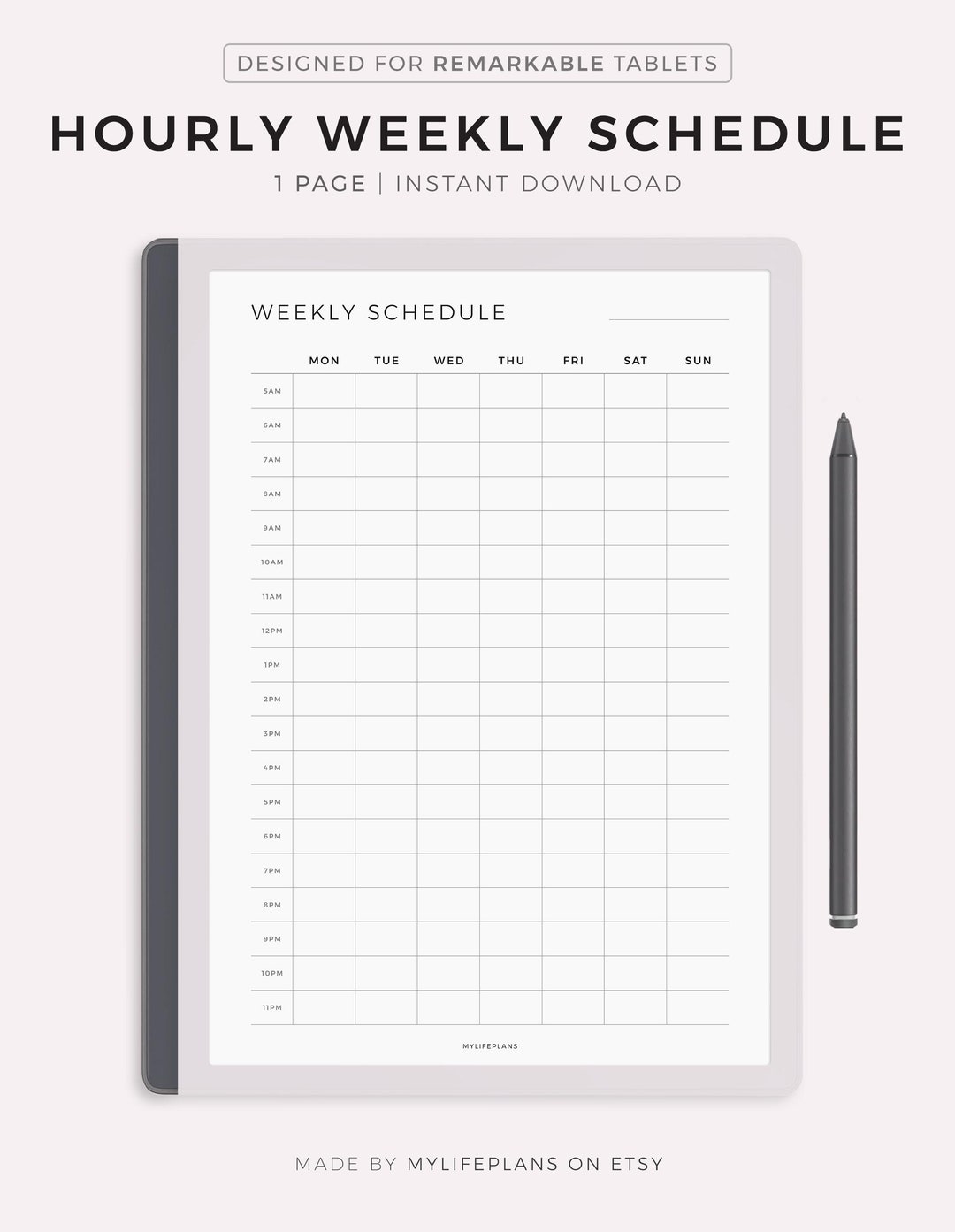 Hourly Weekly Schedule for Remarkable 2, Sunday & Monday Start, Instant ...