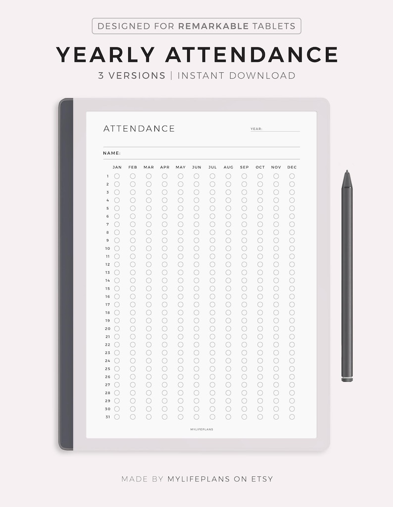 Yearly Employee Attendance Log for Remarkable 2, Instant Download - Etsy