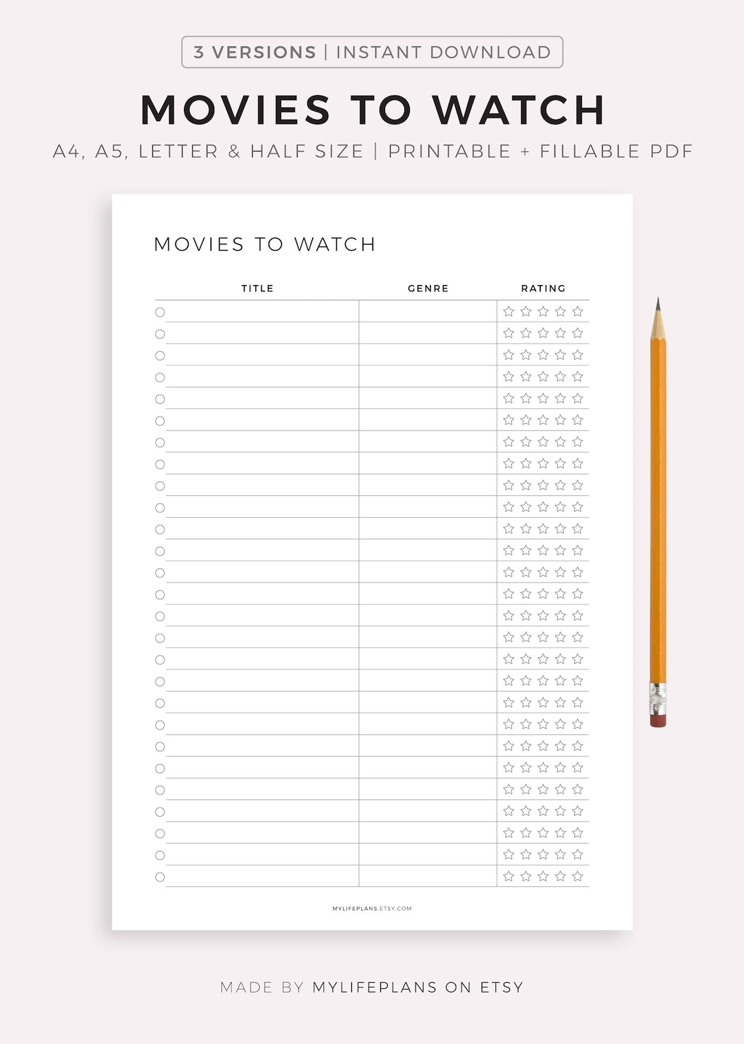Movies to Watch List Printable, Movie Planner, Movie Tracker, Film ...