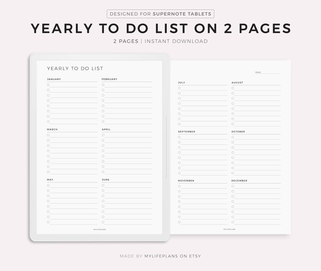 Yearly to Do List on Two Pages, Yearly Tasks, Yearly Planner, Annual ...