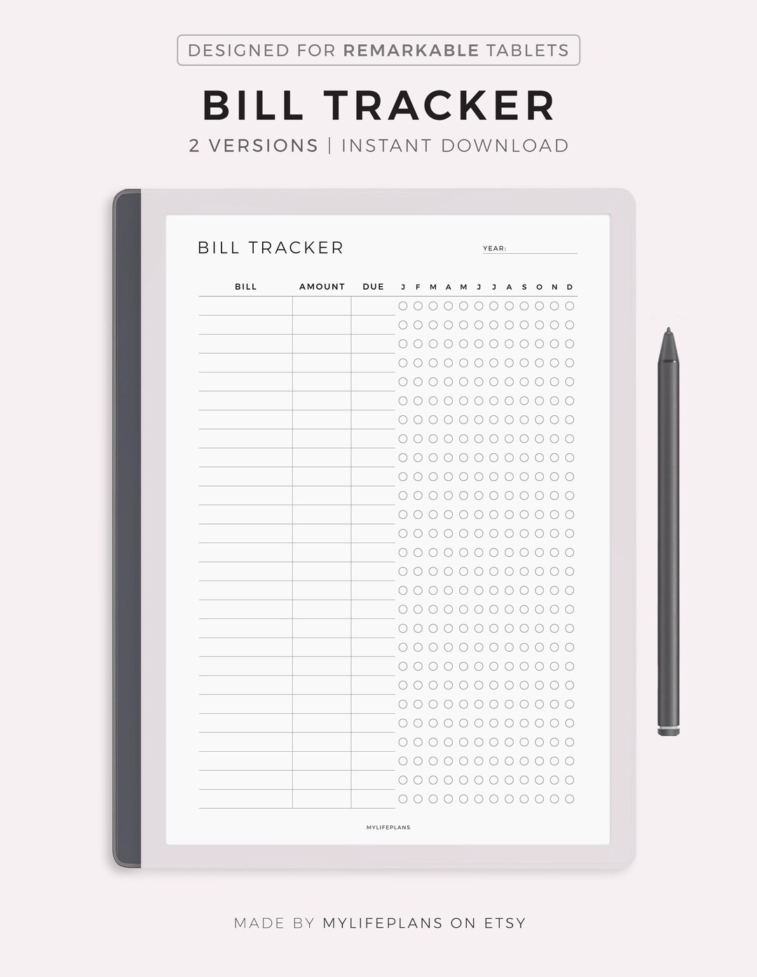 Bill Tracker Template for Remarkable 2, Bill Organizer, Monthly Yearly ...