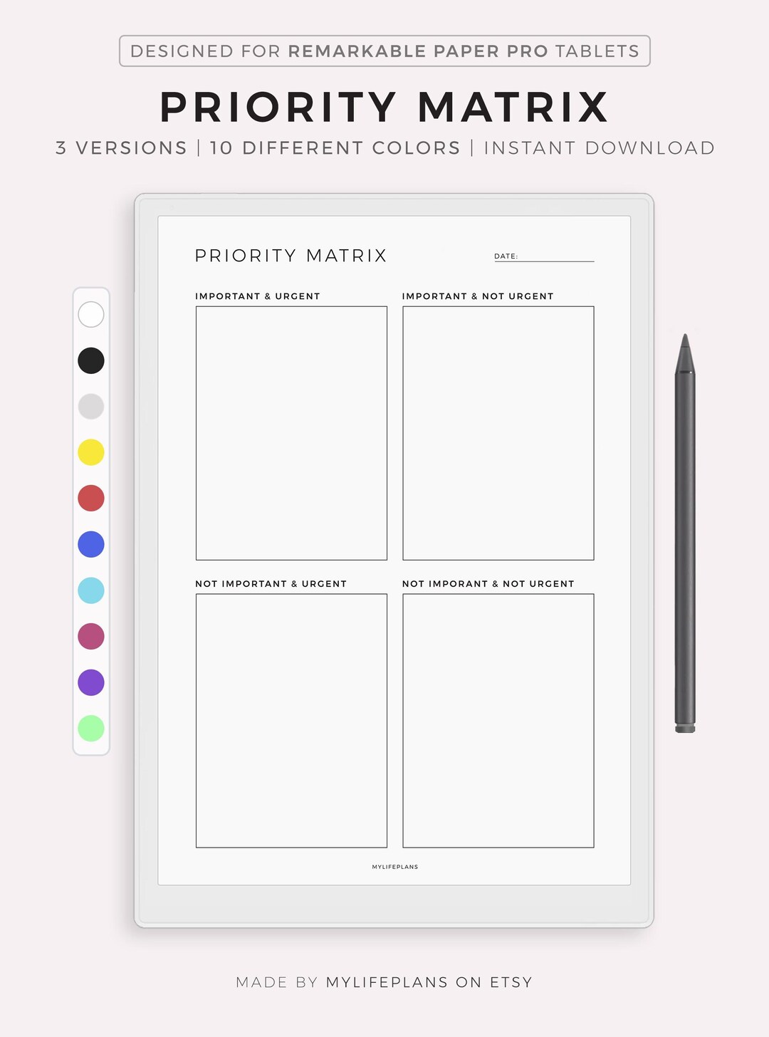 Priority Matrix Planner for Remarkable Paper Pro, Decision Matrix ...