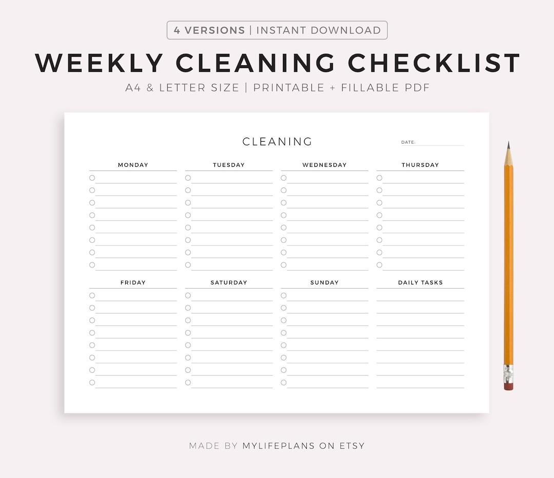 Weekly Cleaning Checklist Printable Landscape, Cleaning to Do List ...