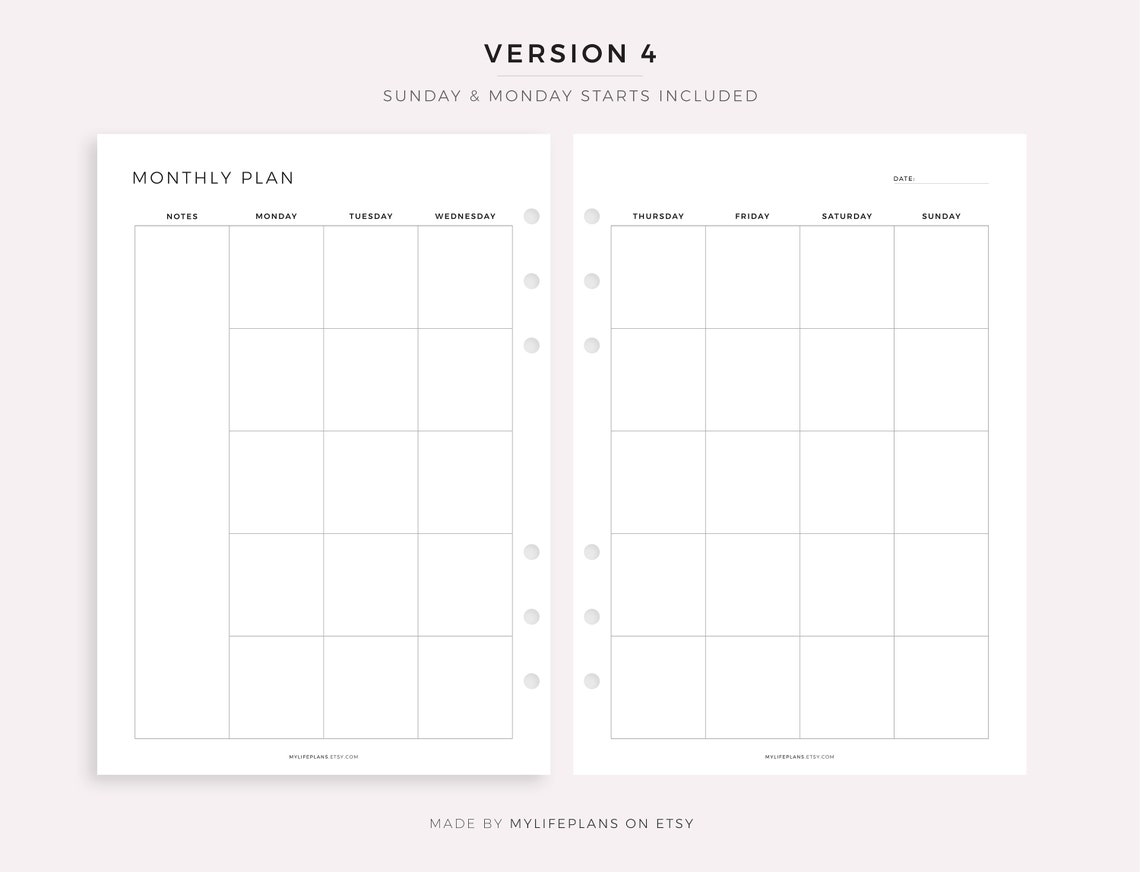 Undated Monthly Planner Printable Month on Two Pages Month - Etsy
