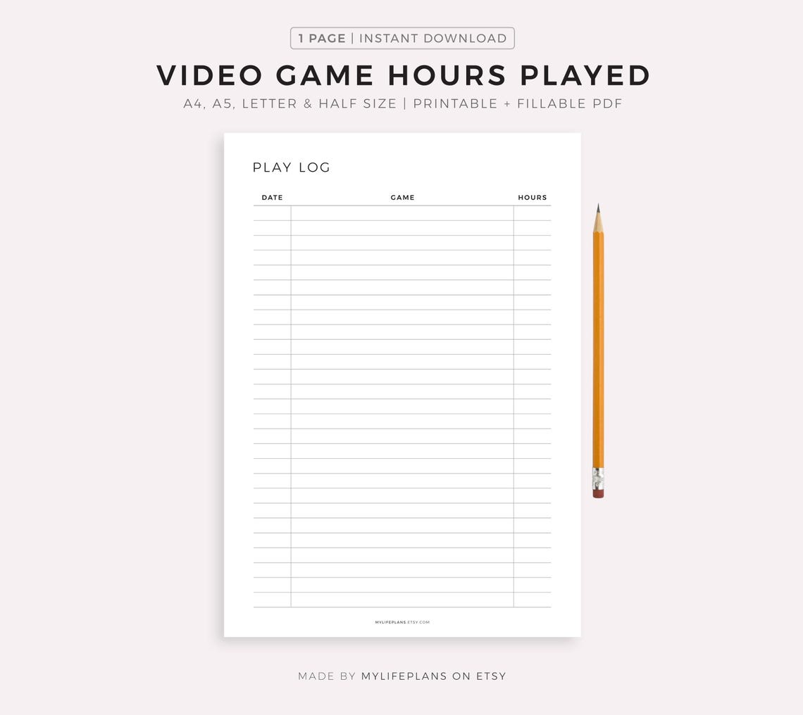 Video Game Hours Played Tracker Printable & Fillable PDF, A4/a5/letter ...