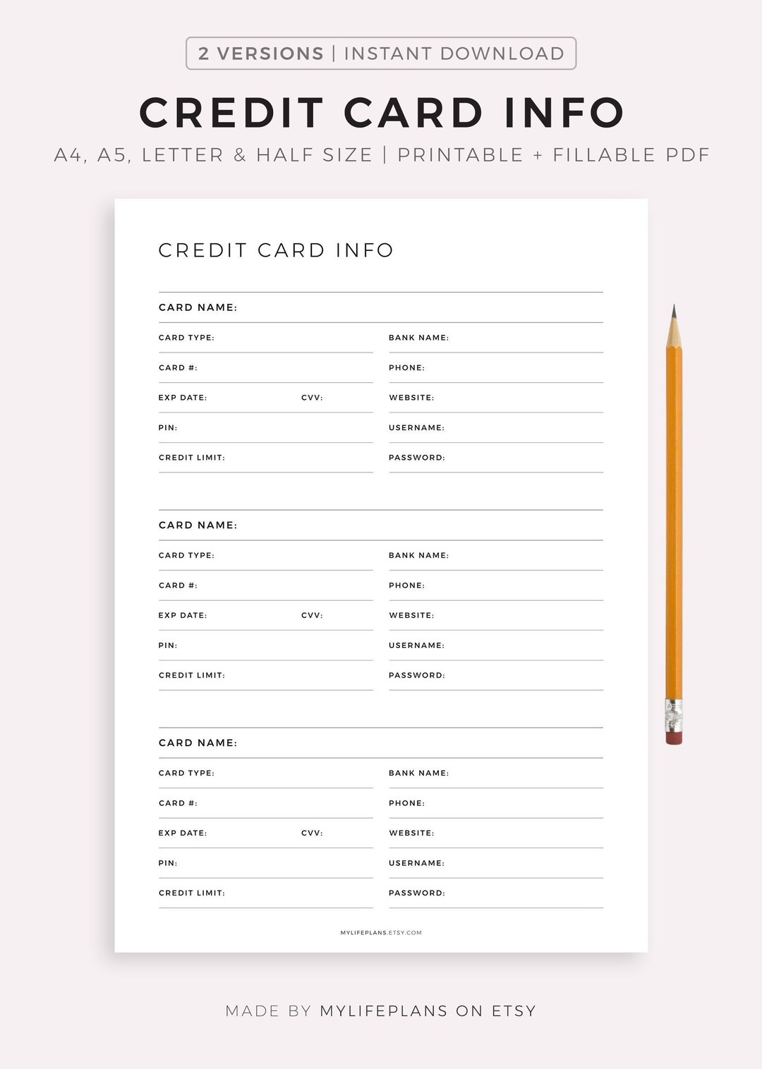 Credit Card Information Tracker Printable & Fillable, Credit Card Log ...
