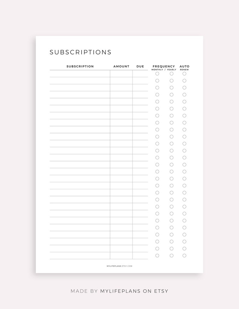 Subscription Tracker Printable Membership Checklist Expense - Etsy