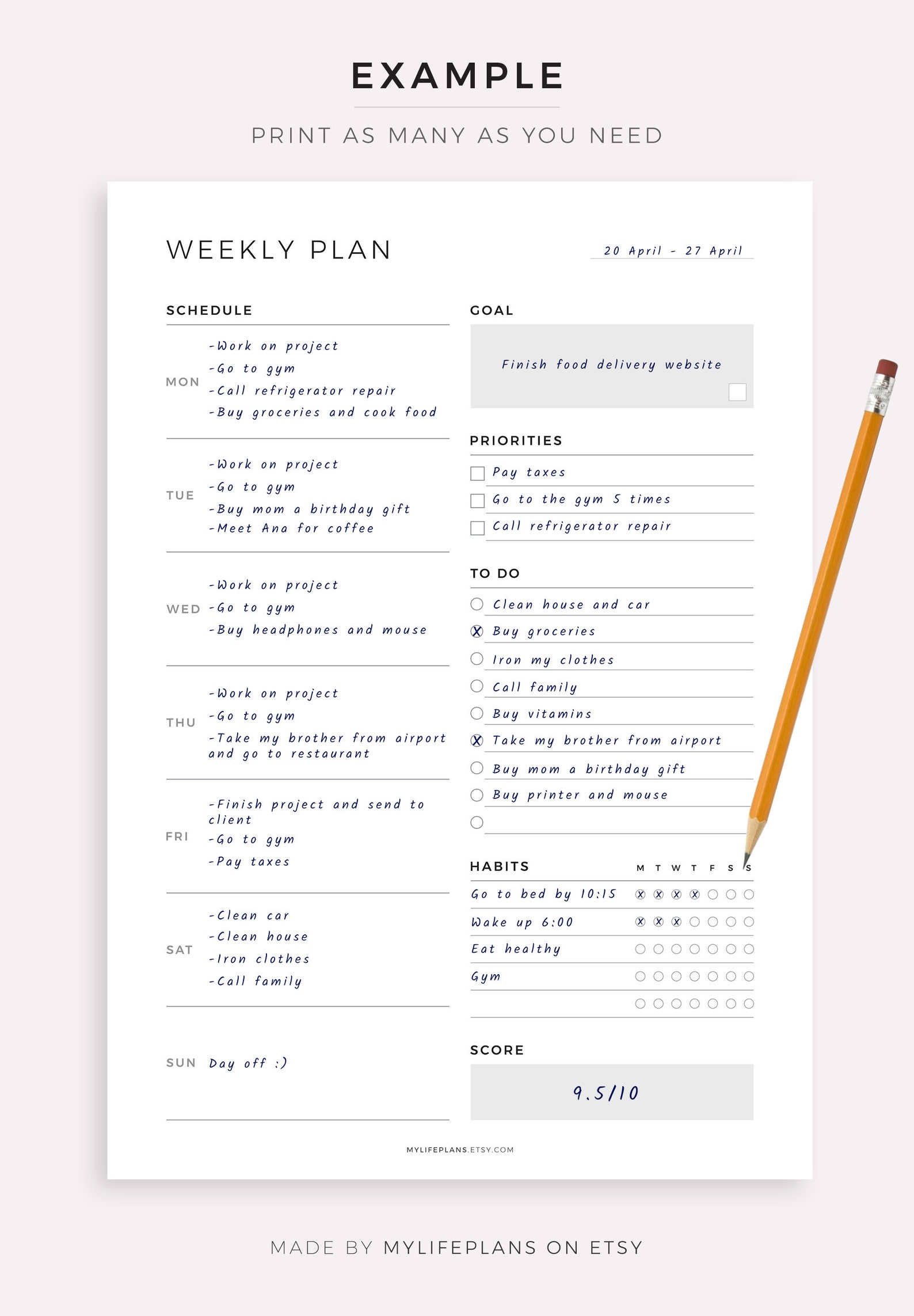 Productivity Weekly Planner Printable Weekly Goal Planner - Etsy